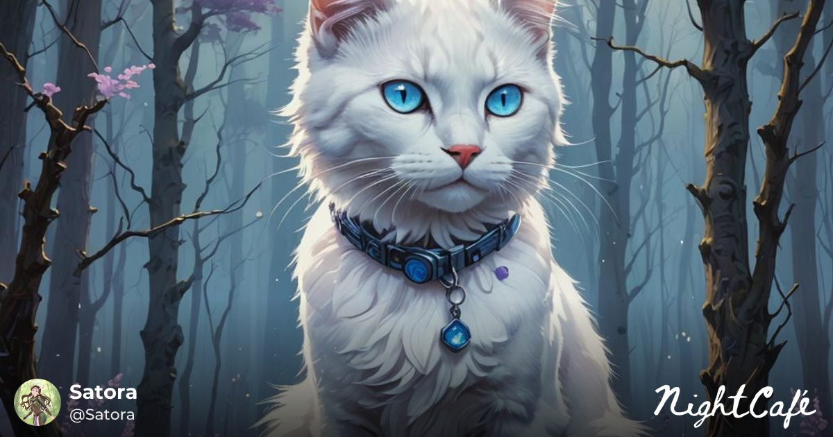 Ethereal White Cat with Gemstone Collar in Forest - AI Art