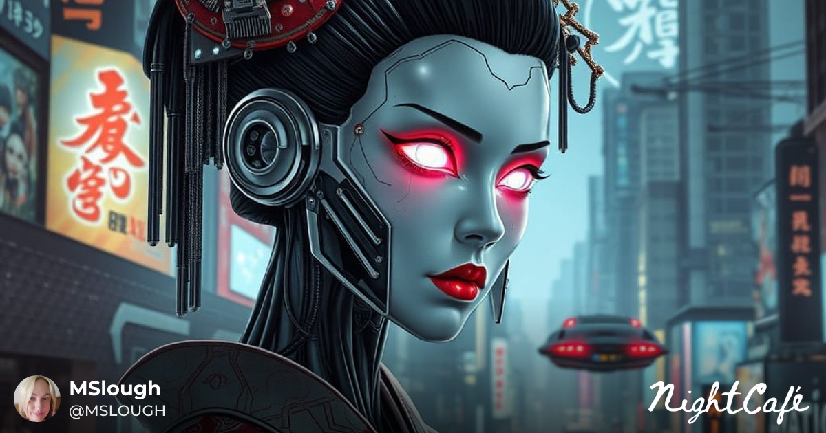 A hyperrealistic portrait of a cyborg geisha