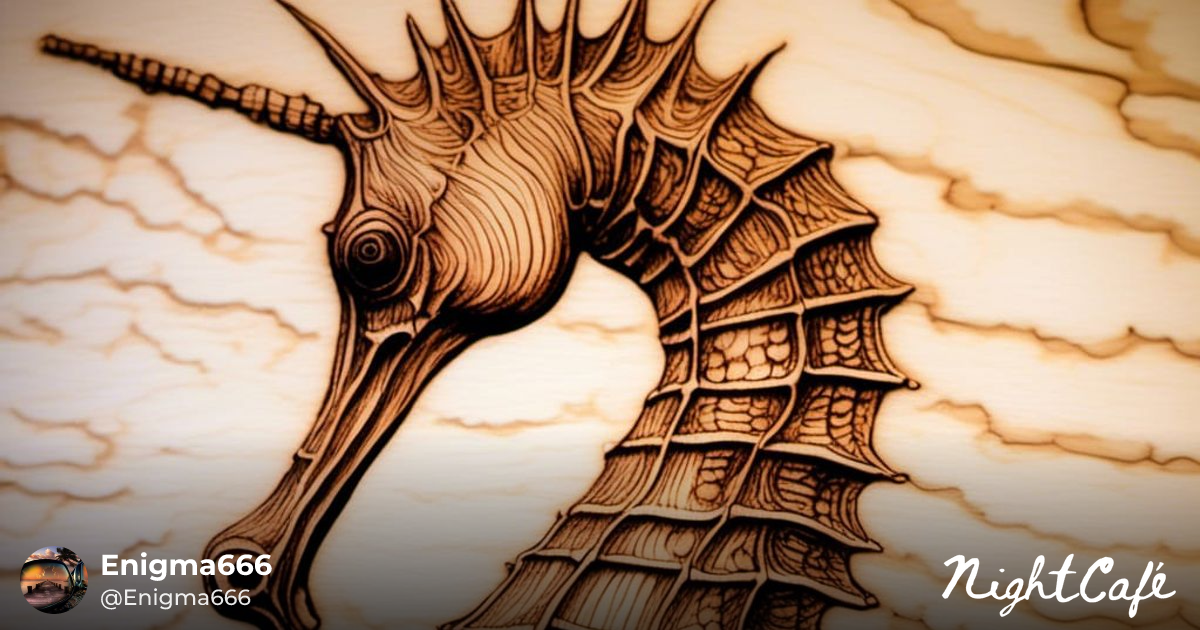 Detailed Pyrography Wood Carving of a Seahorse - AI Art