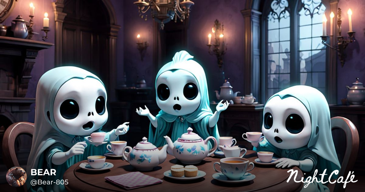 HIGLY DETAILED CHIBI STYLE BABY GHOSTS HAVING A TEA PARTY IN A CUTE ...