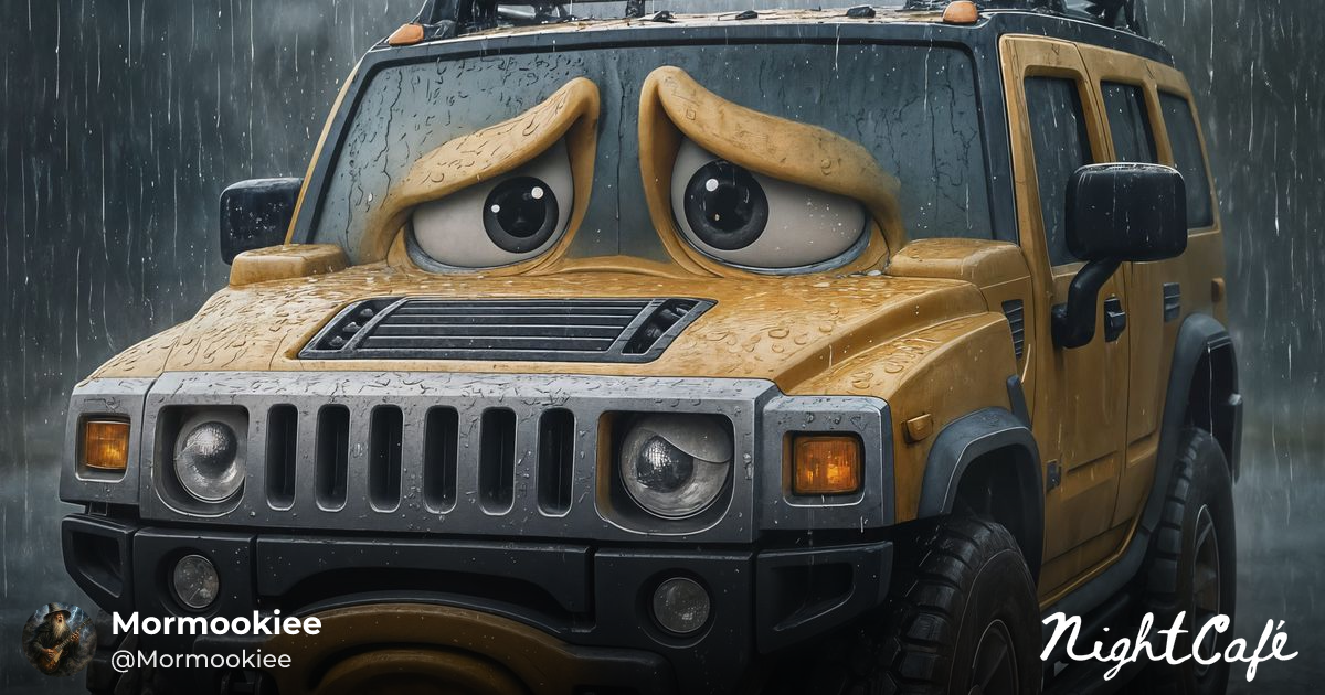 Glummer Hummer - Sad Cartoon Hummer Vehicle on a Rainy Day