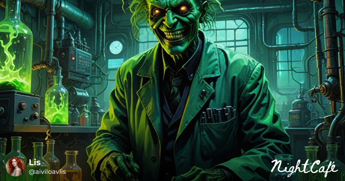 scientist laughing in a radioactive laboratory with colourful liquid smoke.