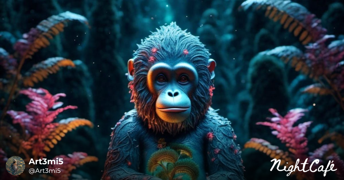 Orangutan Merges with Fern in Biomechanical Forest - AI Art