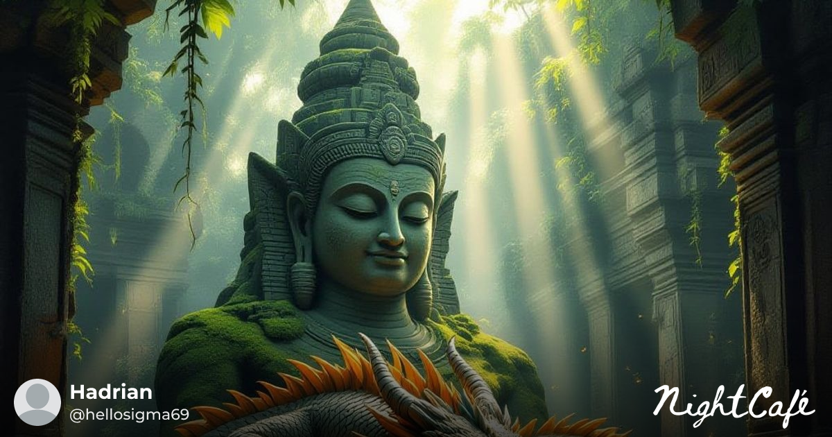 Ancient Dragon Sleeps on Mossy Statue in Jungle Te... - AI Art