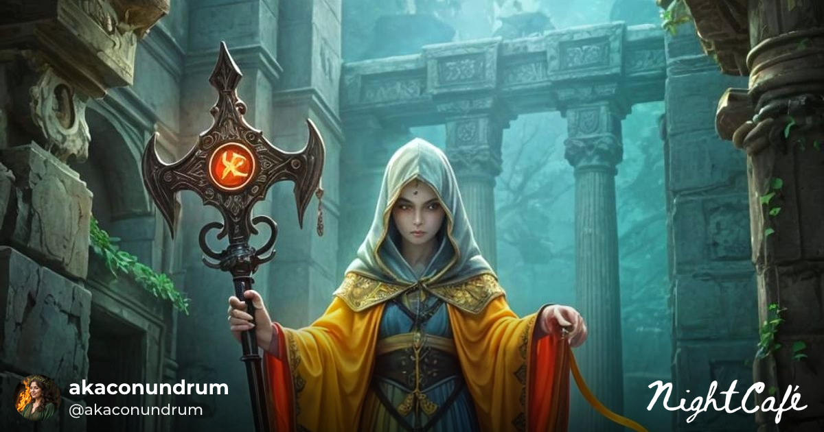 A gentle ghostly female grim reaper in rainbow robes and a staff with ...