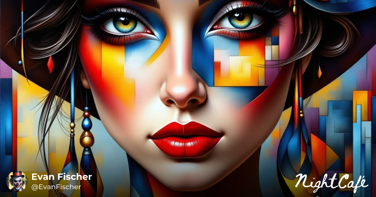 A beautiful woman closeup with Cubist makeup, bright and bold art patterns.