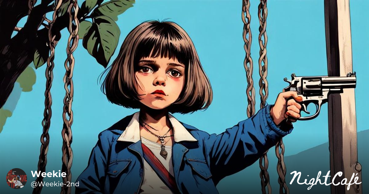 Little Mathilda from leon on a swing with a potted plant and a revolver near a cigarette wearing ...