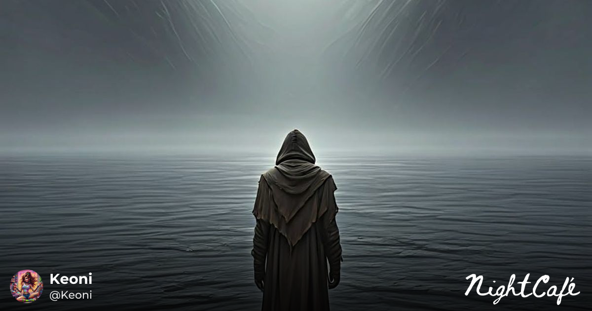 A lone, hooded figure draped in tattered, earth-toned robes, stands at ...