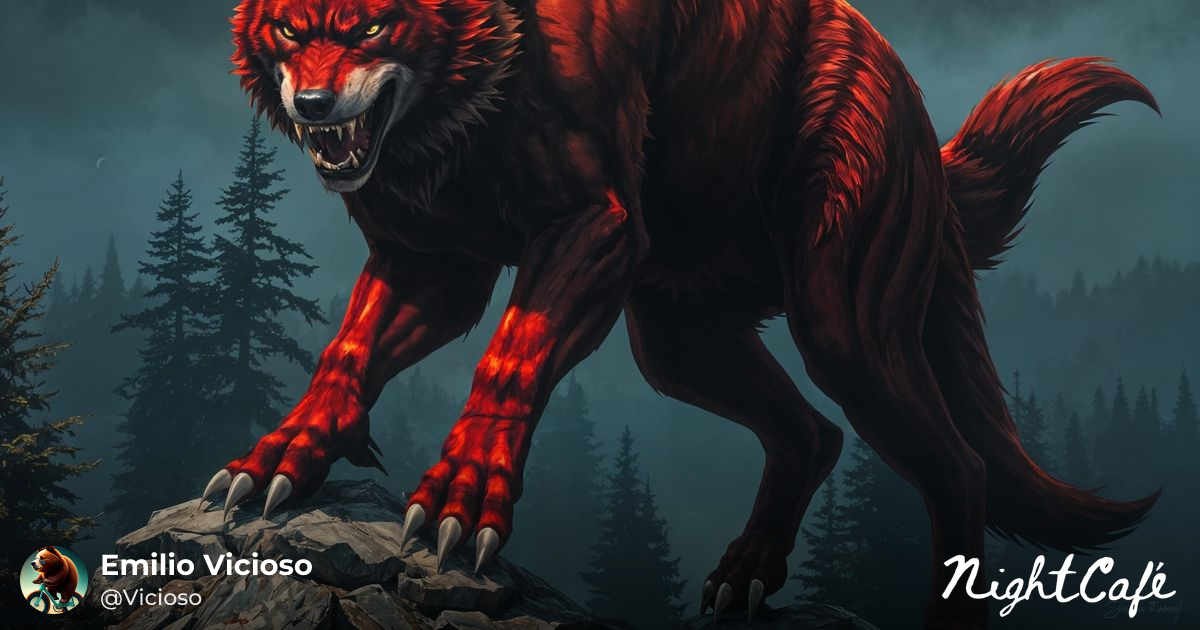Fenrir - Gigantic Red Wolf Under Crescent Moon