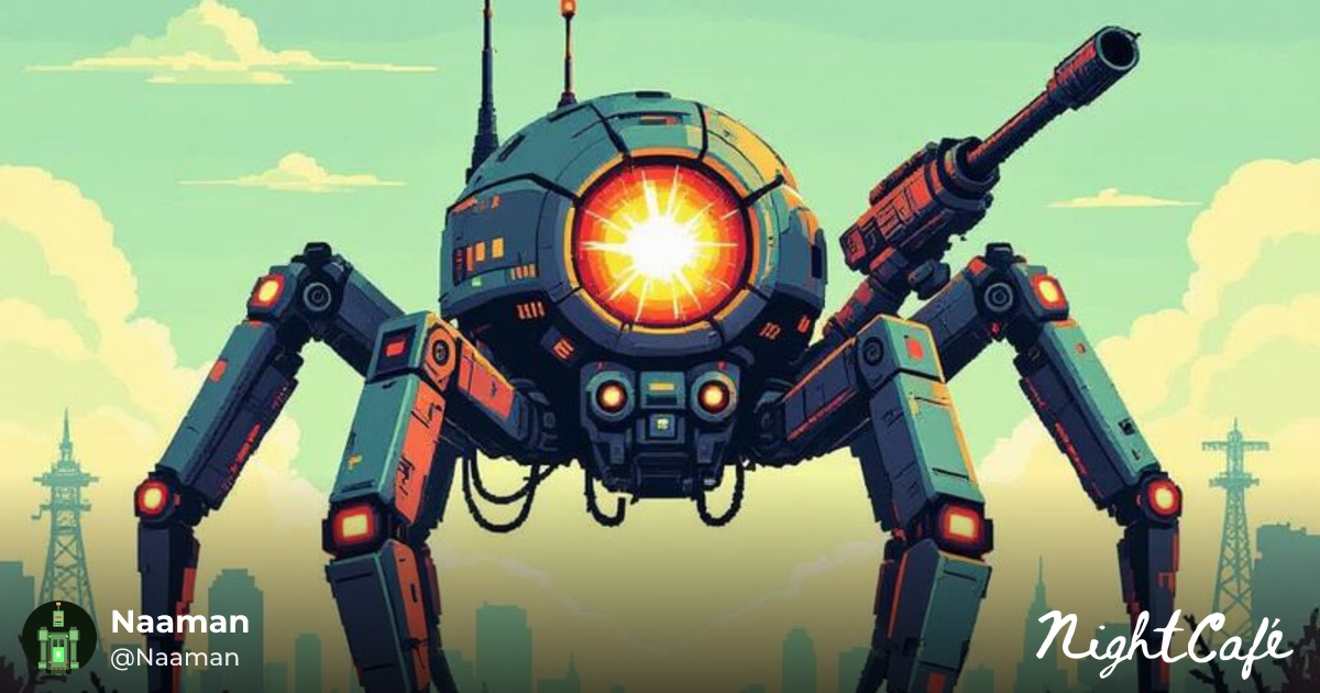 Retro Pixel Art Robot with Saw and Minigun Arms - AI Art