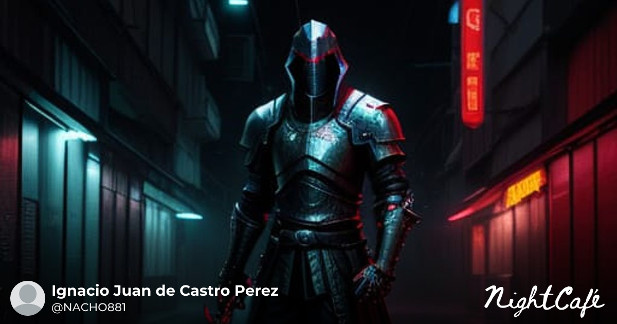 modern templar knight standing in a neon-lit alley at night, futuristic urban armor with white ...