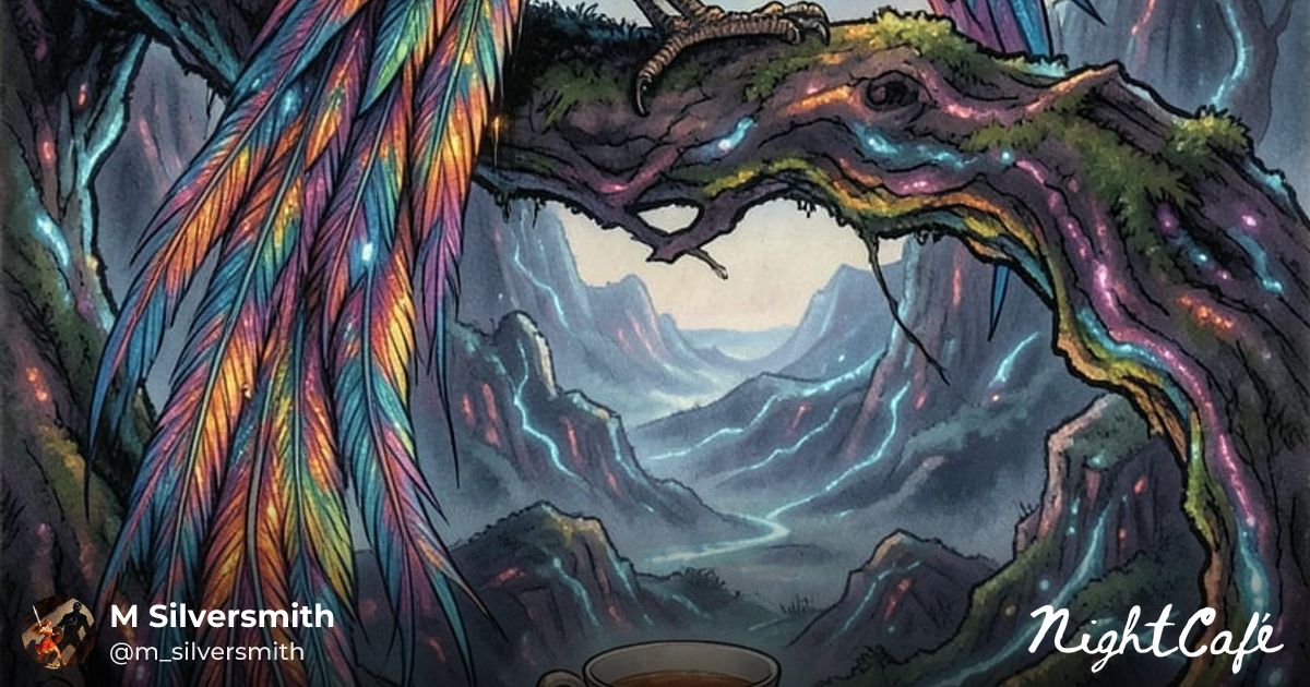 Majestic Phoenix with Teacup in Bioluminescent Forest