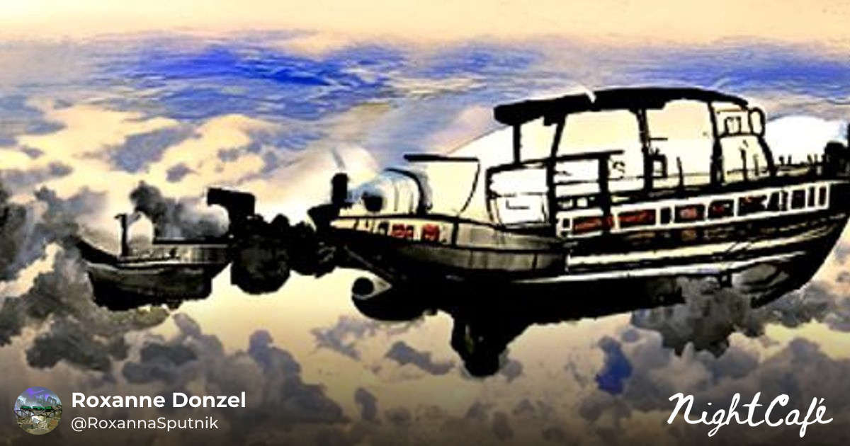 Smoking Dieselpunk boat flying alone over the clouds by rising sun