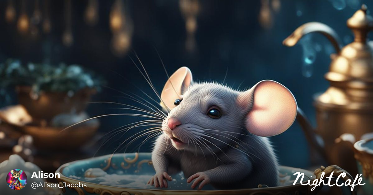 A mouse taking a bath in a teacup - Mouse Bathing in Teacup:...