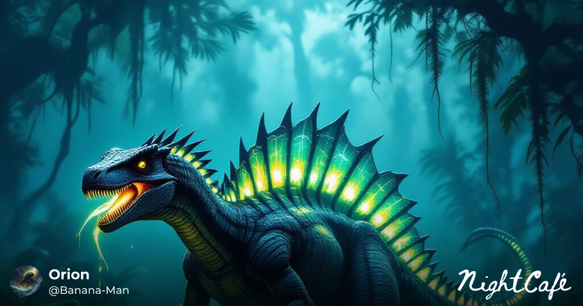 Bioluminescent Spinosaurus-Scorpion Hybrid in Dark... - AI Art
