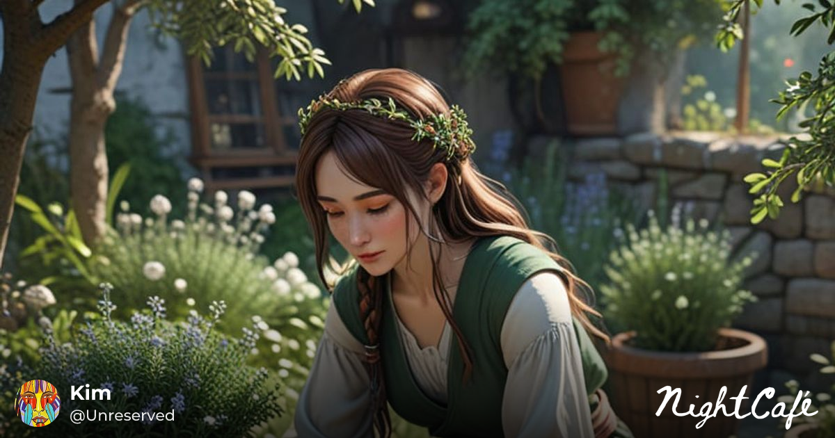 Druid Woman Gathering Herbs in Anime Style - AI Art