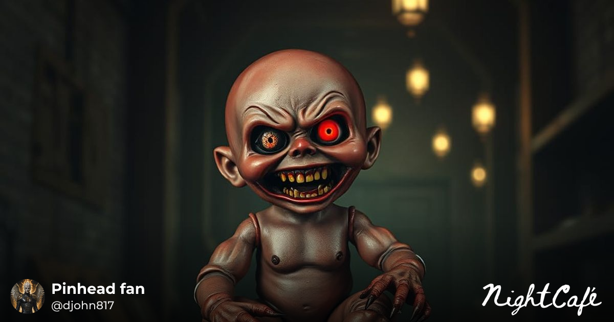 A photo of an evil, demonic haunted red doll with glowing red eyes and ...