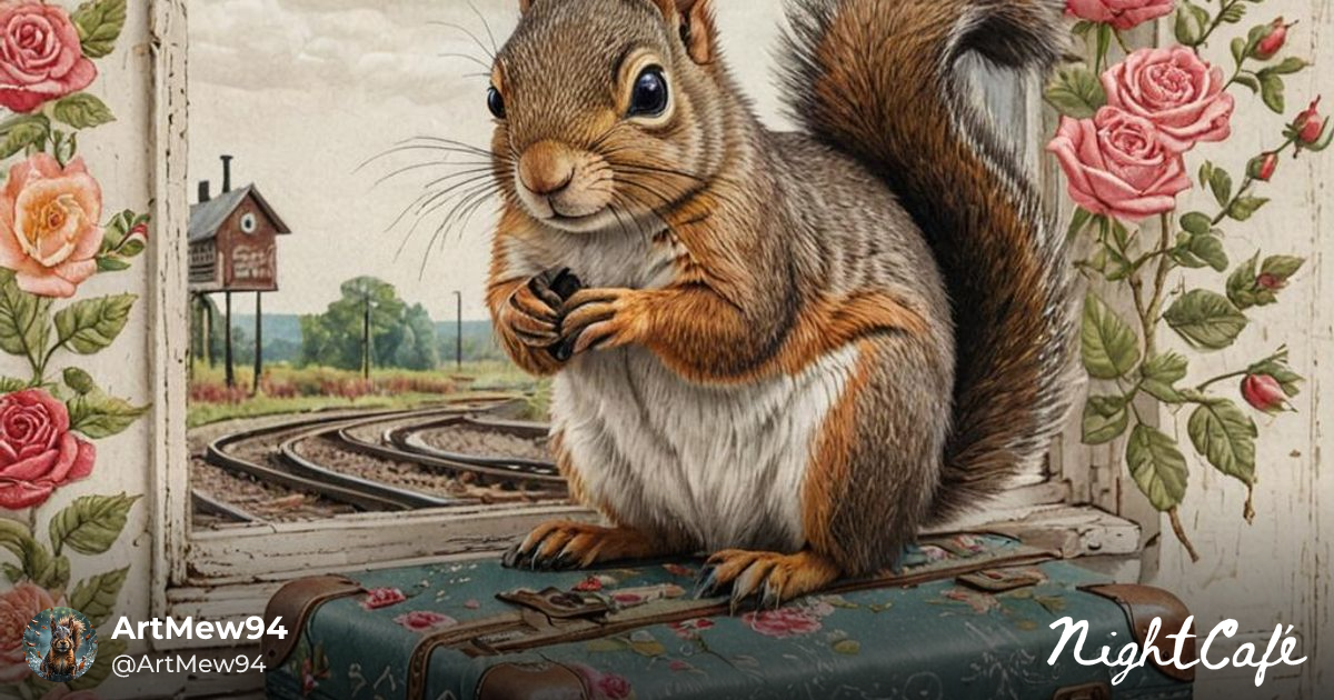 Squirrel in Train Car: Mixed Media Folk Art - AI Art
