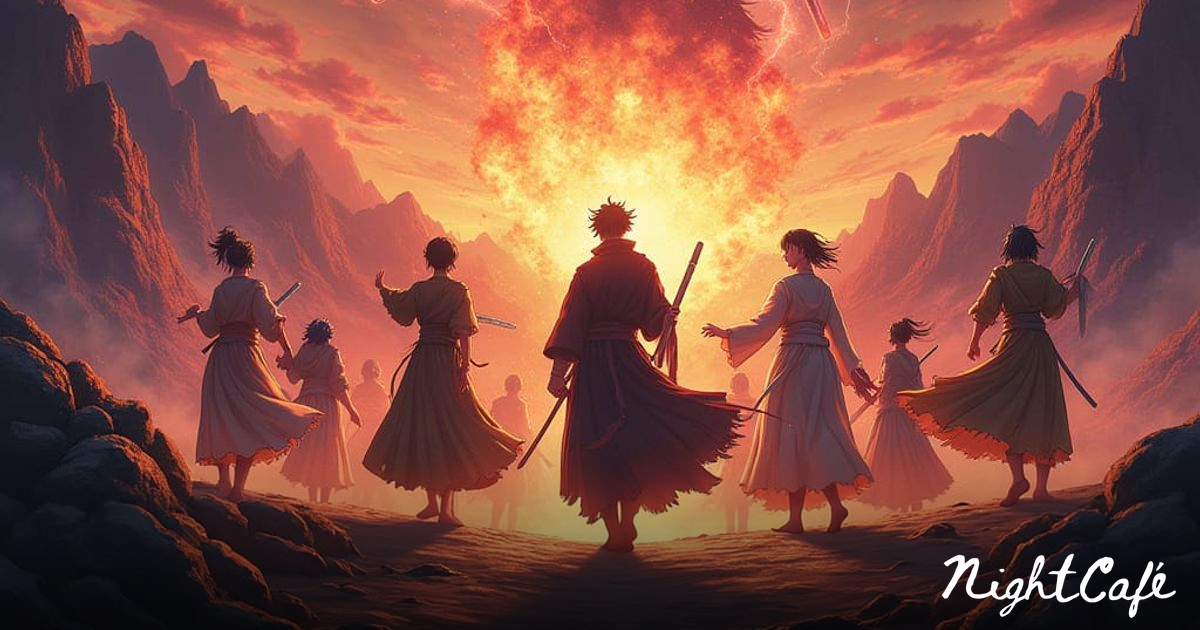 Demon Slayer Hashira in Fiery Sunset Battle - AI Art