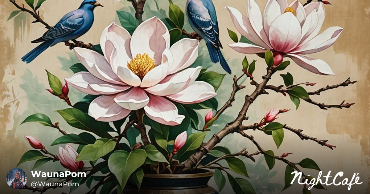 Magnolia Ikebana Flower Arrangement in Gouache Sty... - AI Art