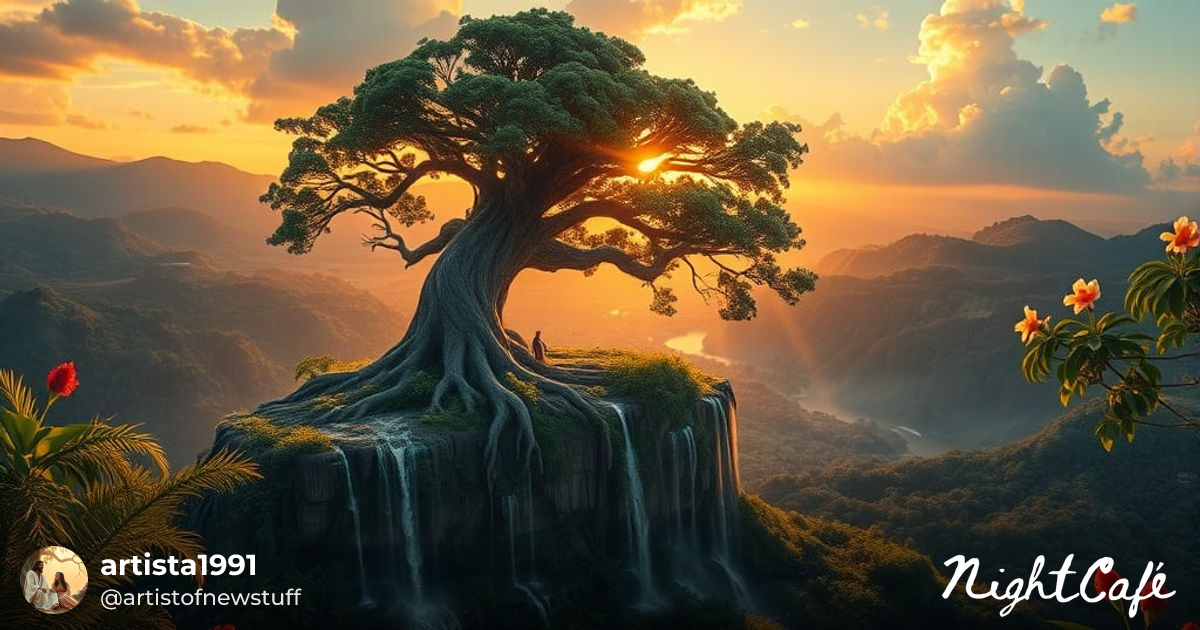 Epic Tropical Tree of Wonder in a Majestic Sunrise... - AI Art