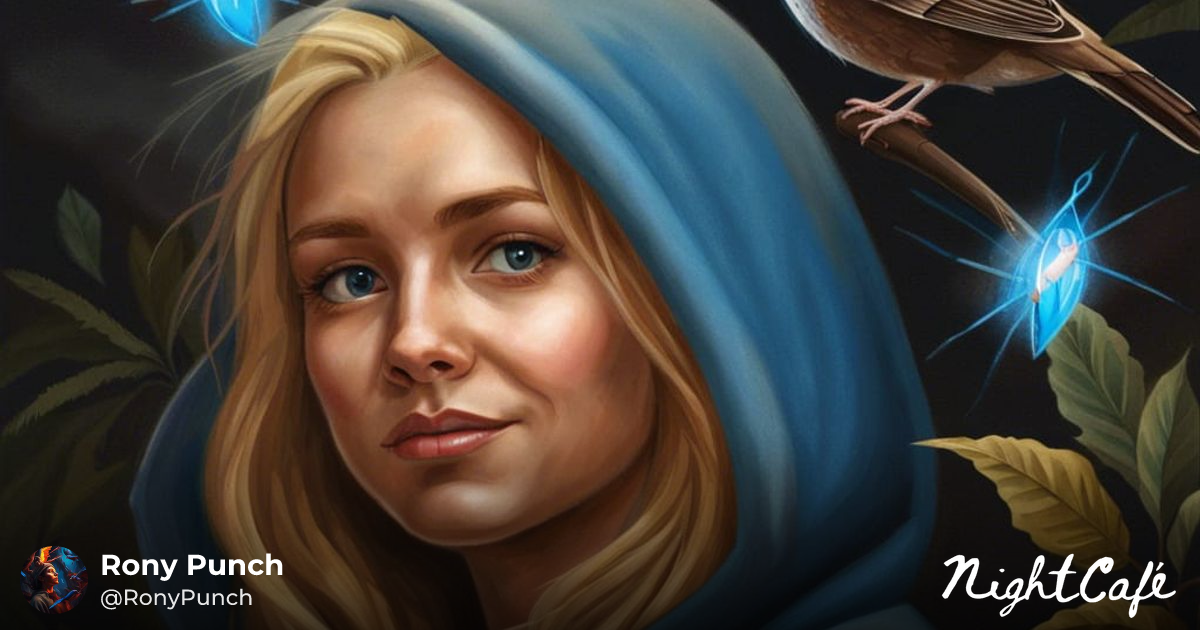 Zoe - Girl with Sparrows and Blue Cat in Forest