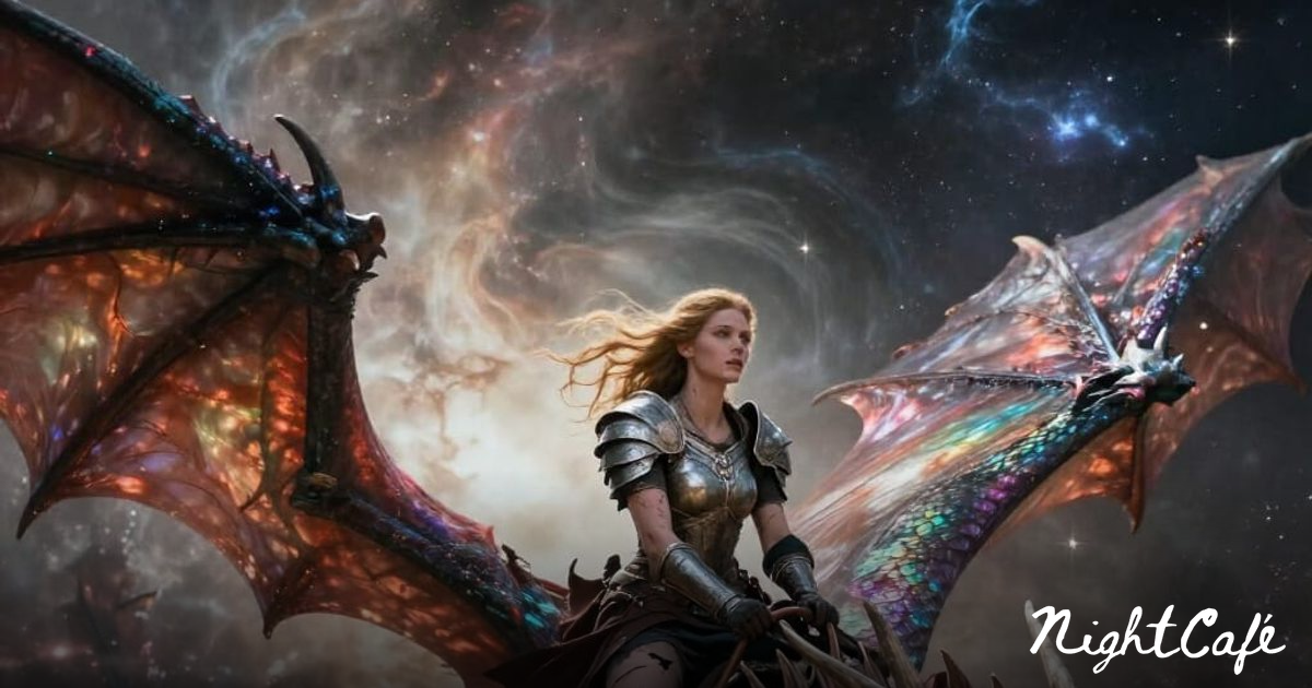 Ancient Dragon with Warrior Princess in Cosmic Neb... - AI Art