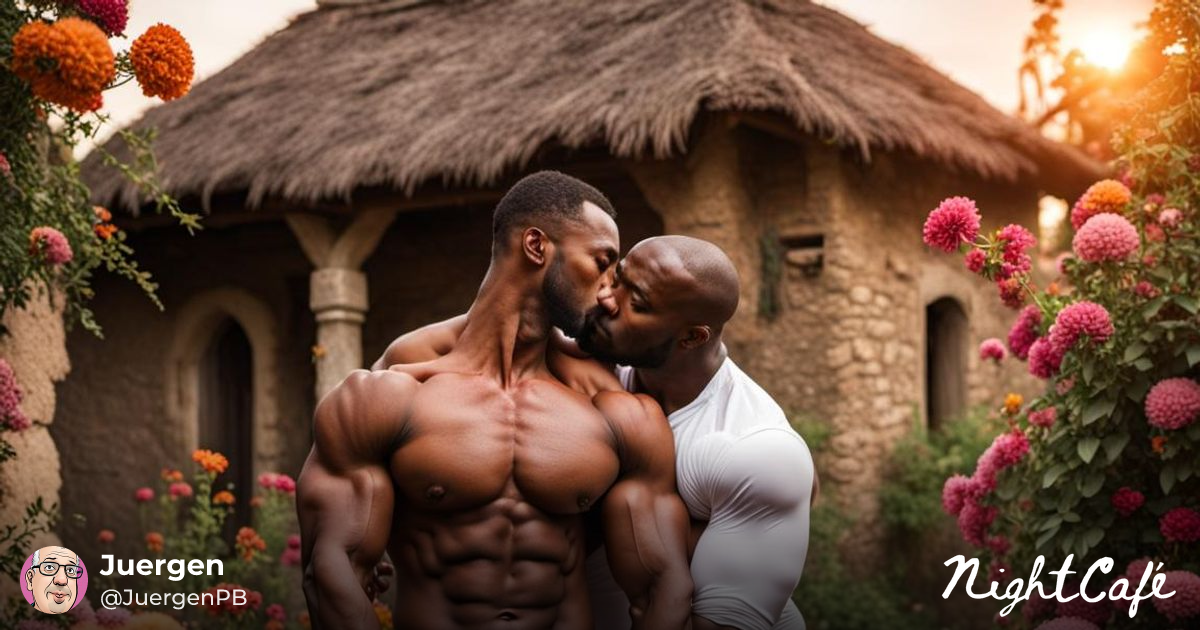 Two bodybuilders in a flower garden