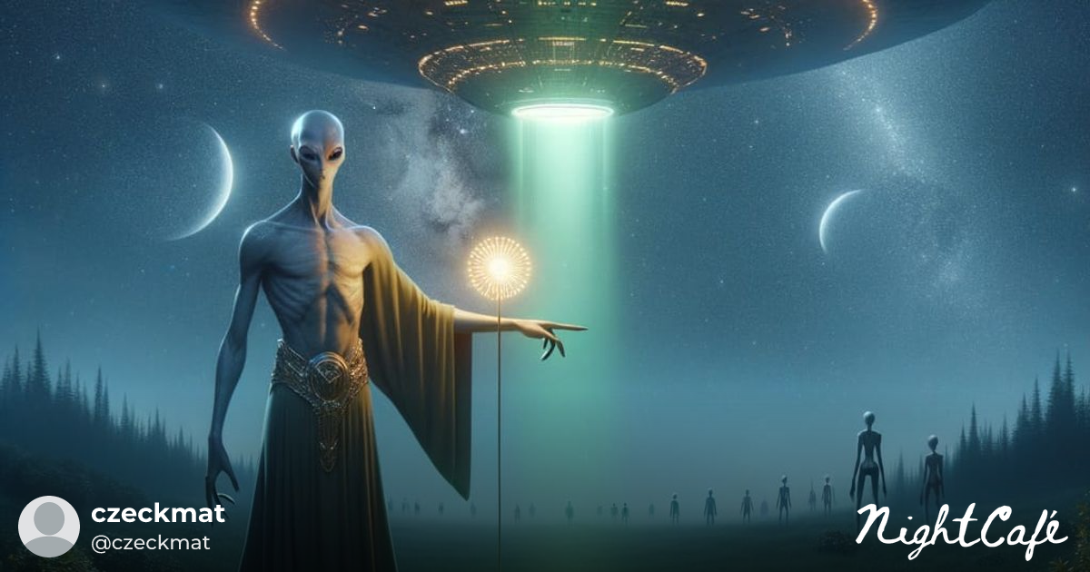 Grey Alien in Meadow Points to Constellations - AI Art