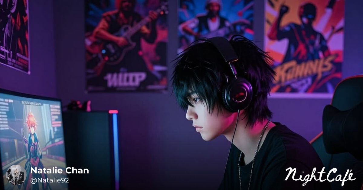 Emo gamer boy - Emo Gamer Boy Immersed in Neon-Lit Gaming