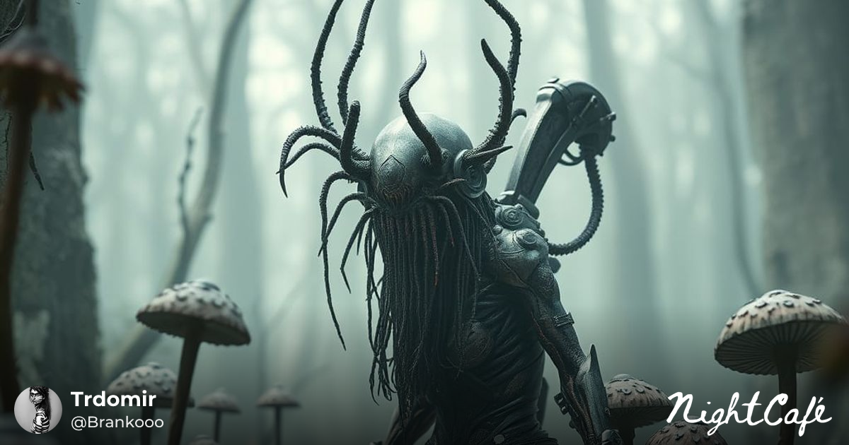 female cannibal barbarian, Mutated swamp, toxic flowers, savage mushrooms