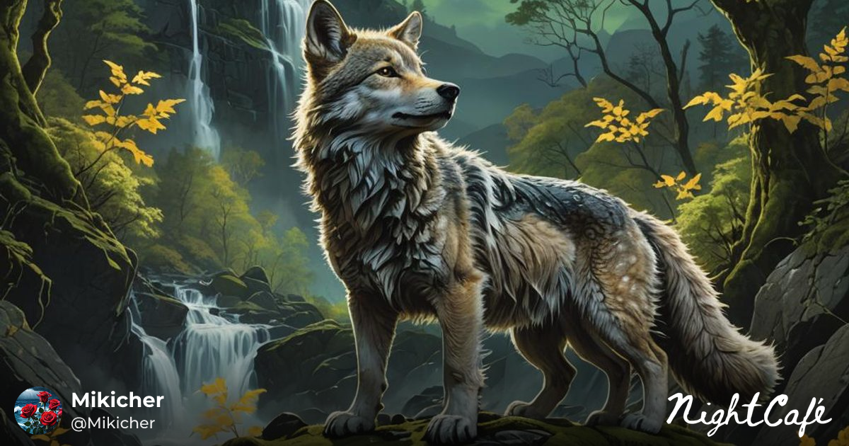 wolf cub howling at the moon, night, forest, Yellow-Green leaves on the ...