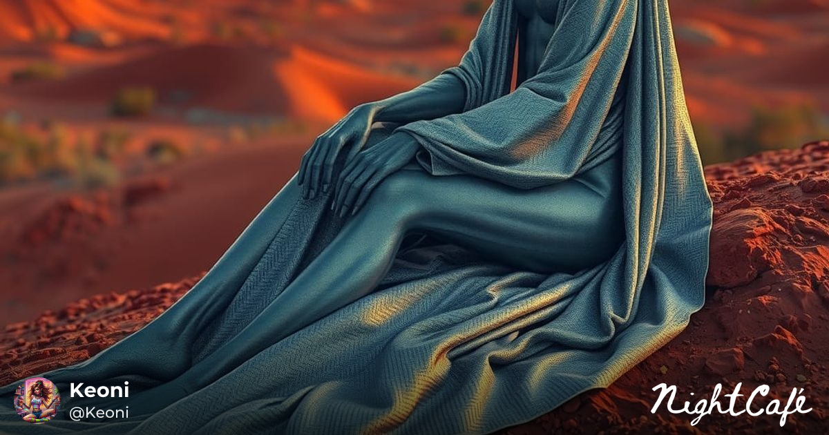 Seated in the rugged, crimson desert of Nibiru, a majestic human-alien ...