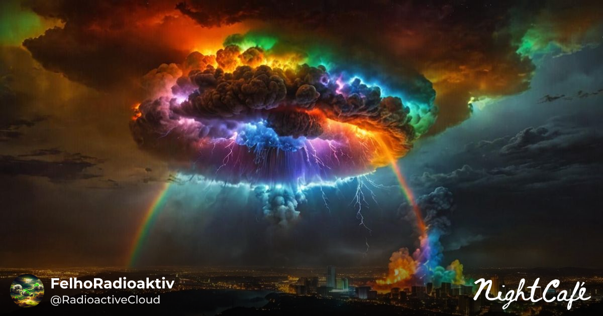 Rainbow Nuclear Explosion Over Cyberpunk Cityscape - AI Art