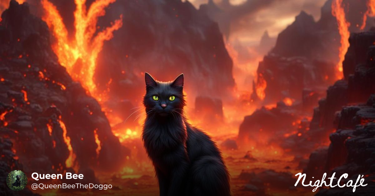 Meow - Lava Cat Floating in Fire: Fantasy Concept Art