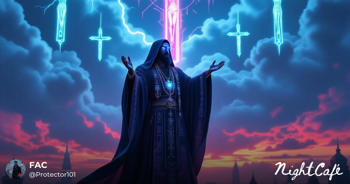 Cyberpunk Guru Preaching on Rooftop Altar - AI Art