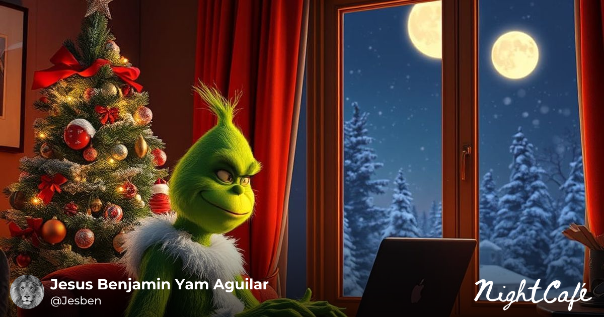 Santa-Grinch Working in Cozy Winter Wonderland Stu... - AI Art