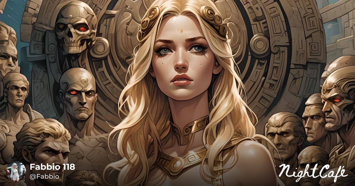 Beautiful Blonde lady standing between Cyclops of greek mithology