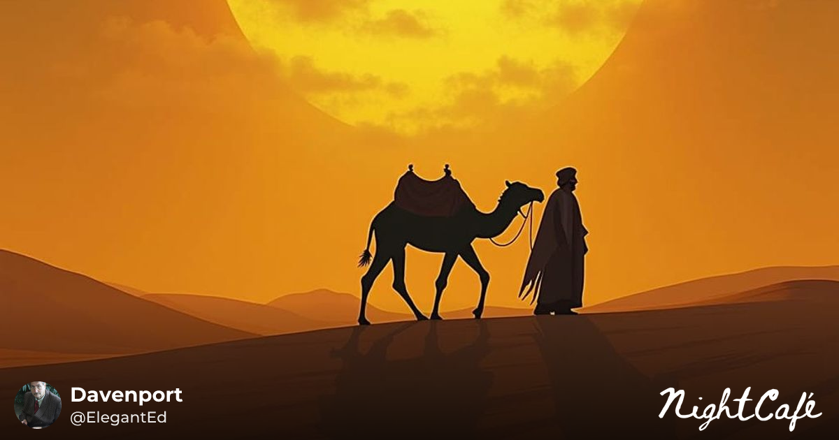 A majestic Arab figure clad in traditional robes and headscarf, leading ...