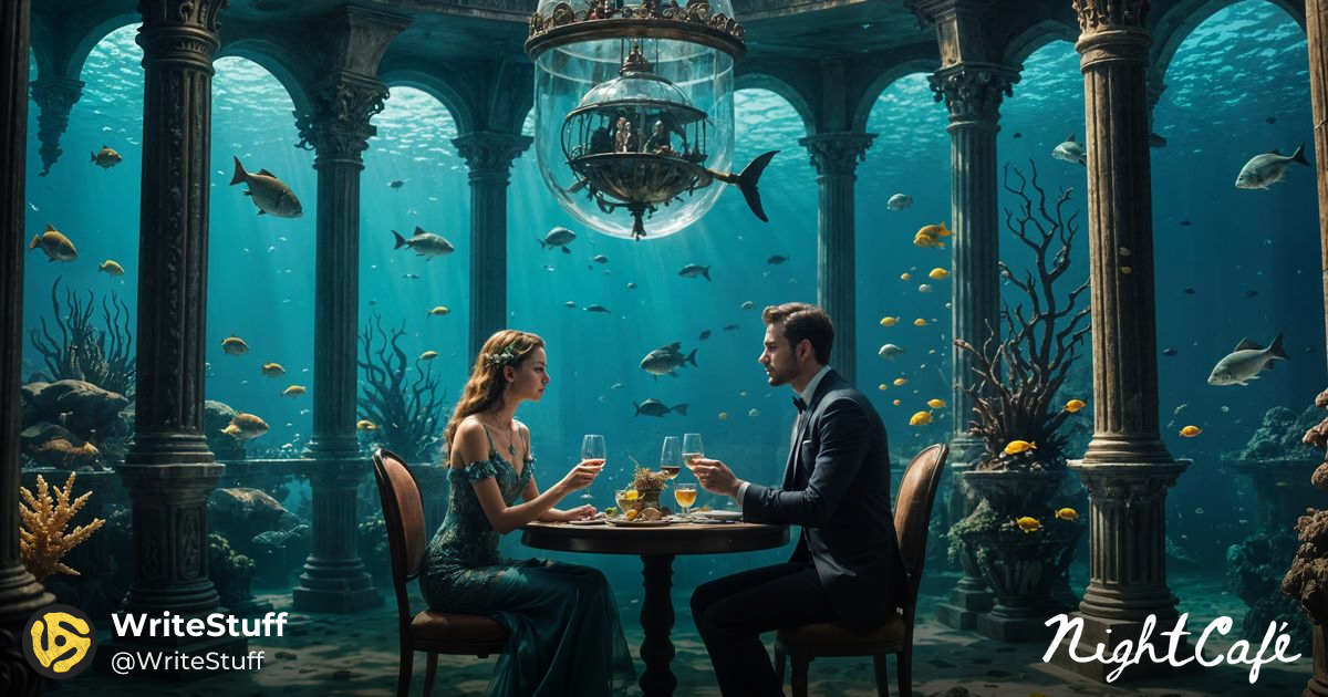 Couple in fancy dress dining in fancy restaurant underwater under a transparent dome