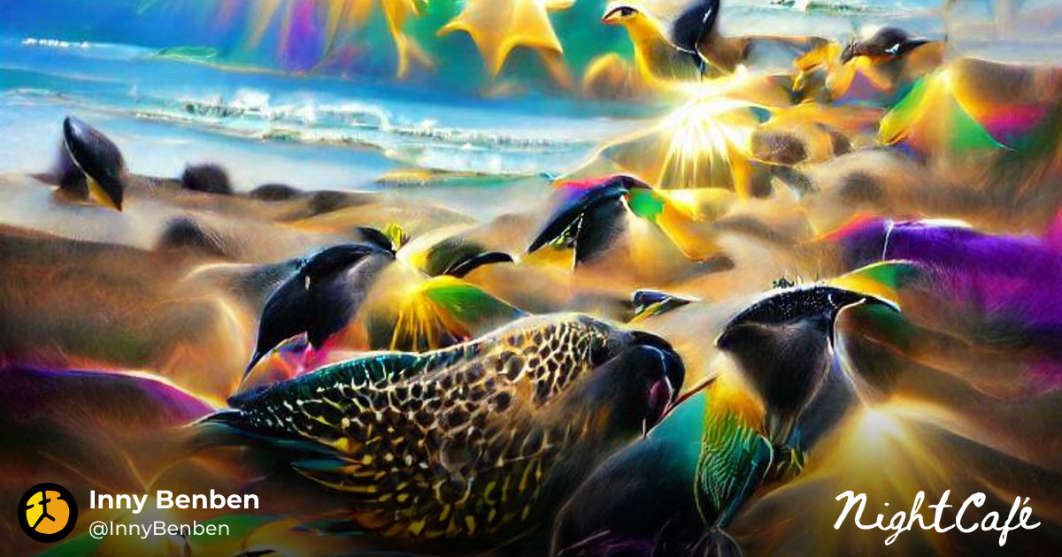 Starlings Sing on Sparkling Beach: Airbrush Art - AI Art