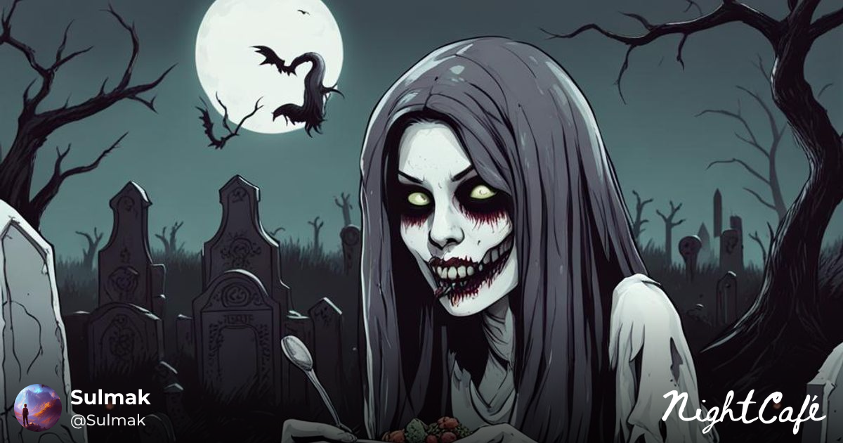 Female Ghoul Eating in Graveyard Horror Scene - AI Art