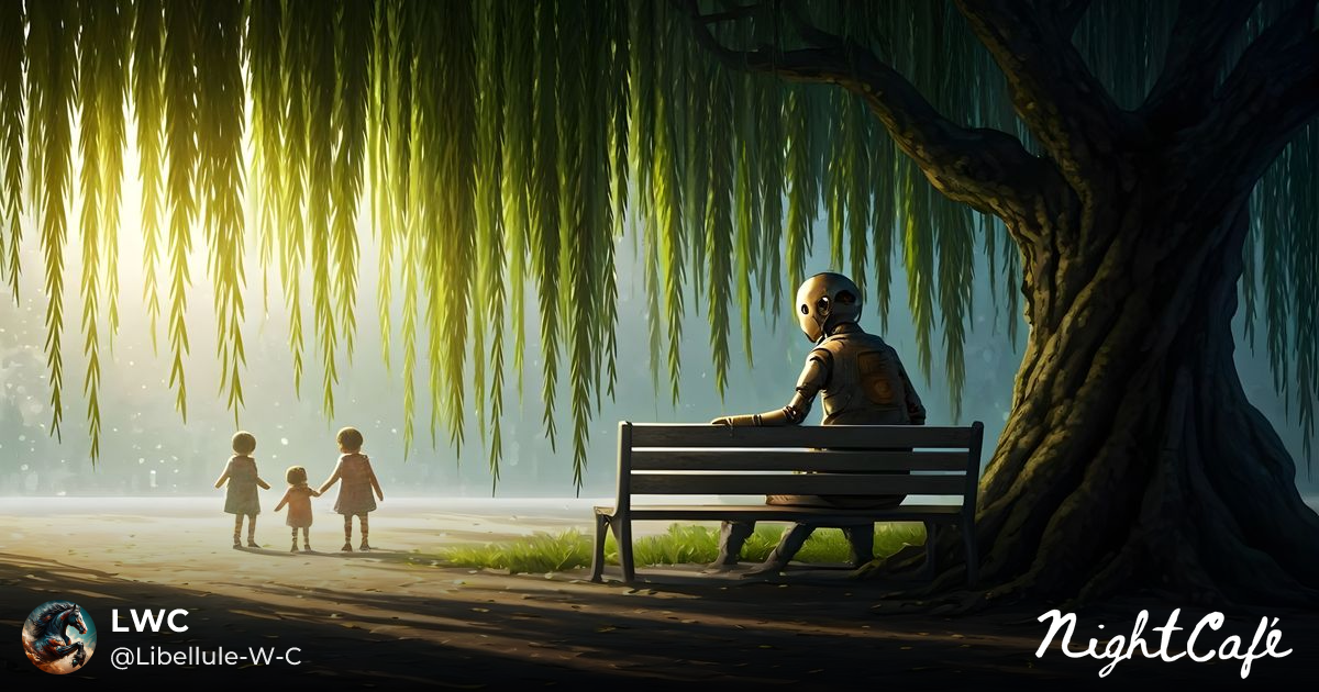 Imagine a melancholic robot, its metallic body tarnished with rust and ...