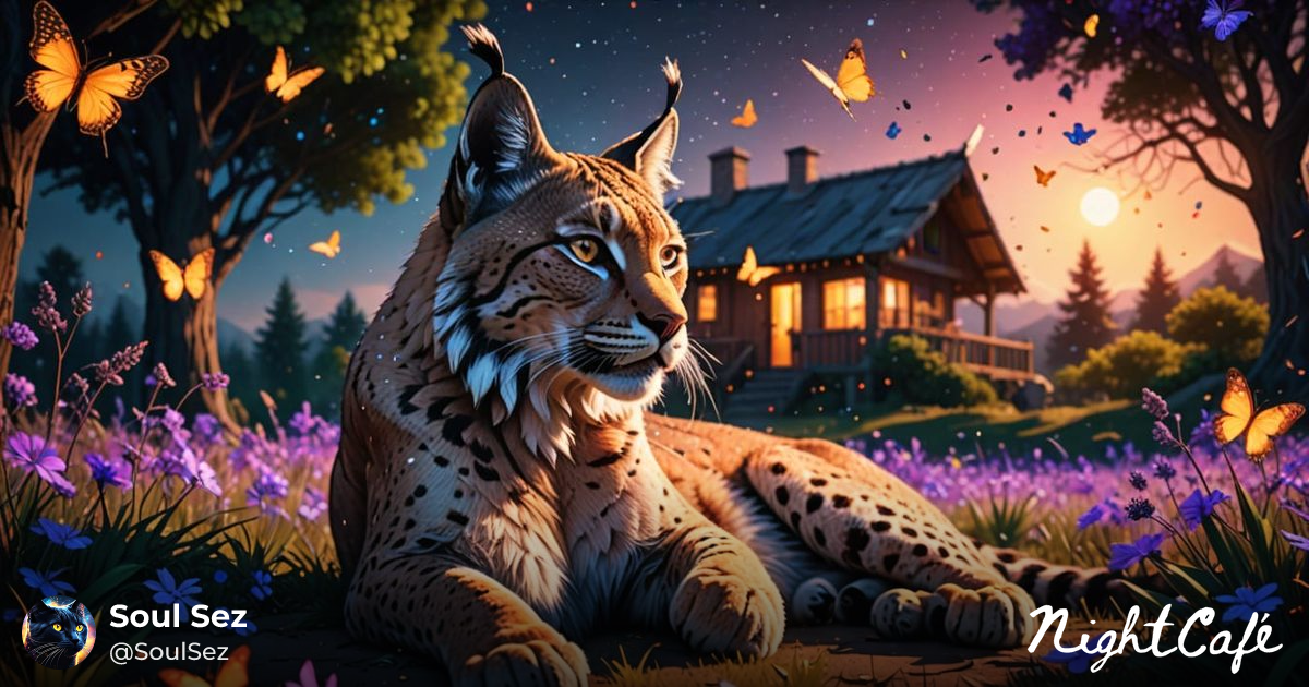 Colorful landscape with a Lynx & neon butterflies!