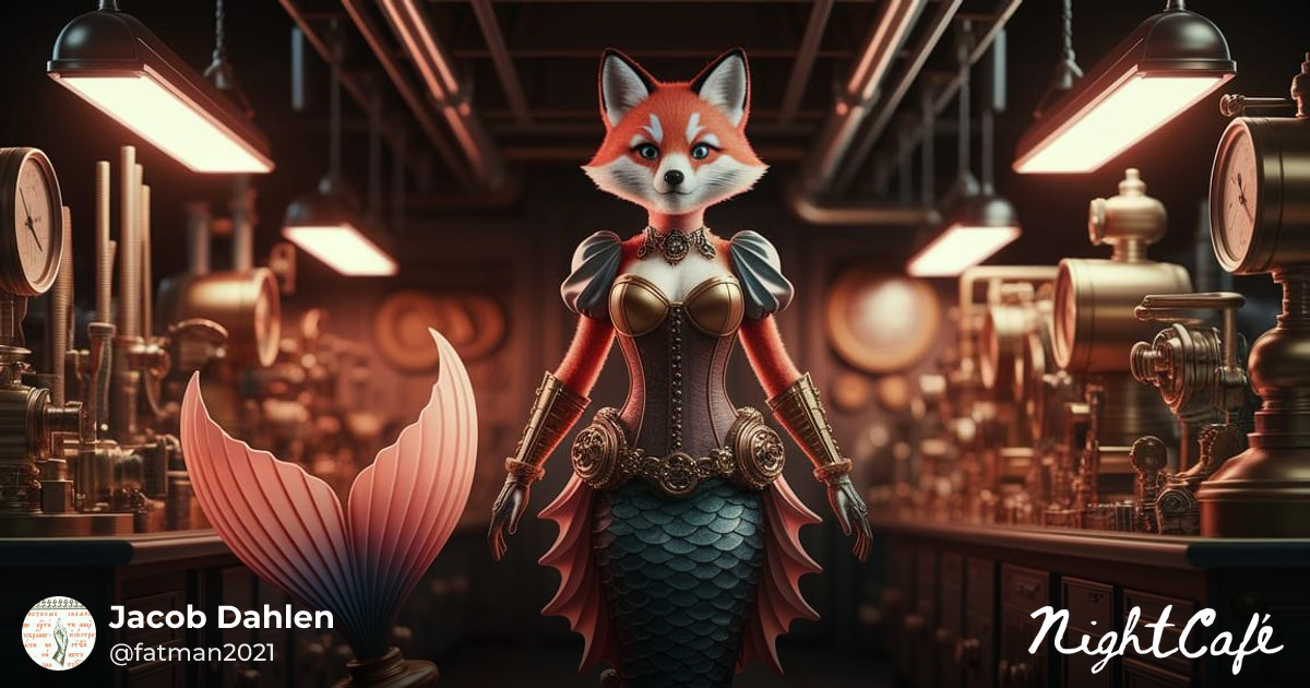 Steampunk Red-Fox Mermaid in Industrial Laboratory - AI Art