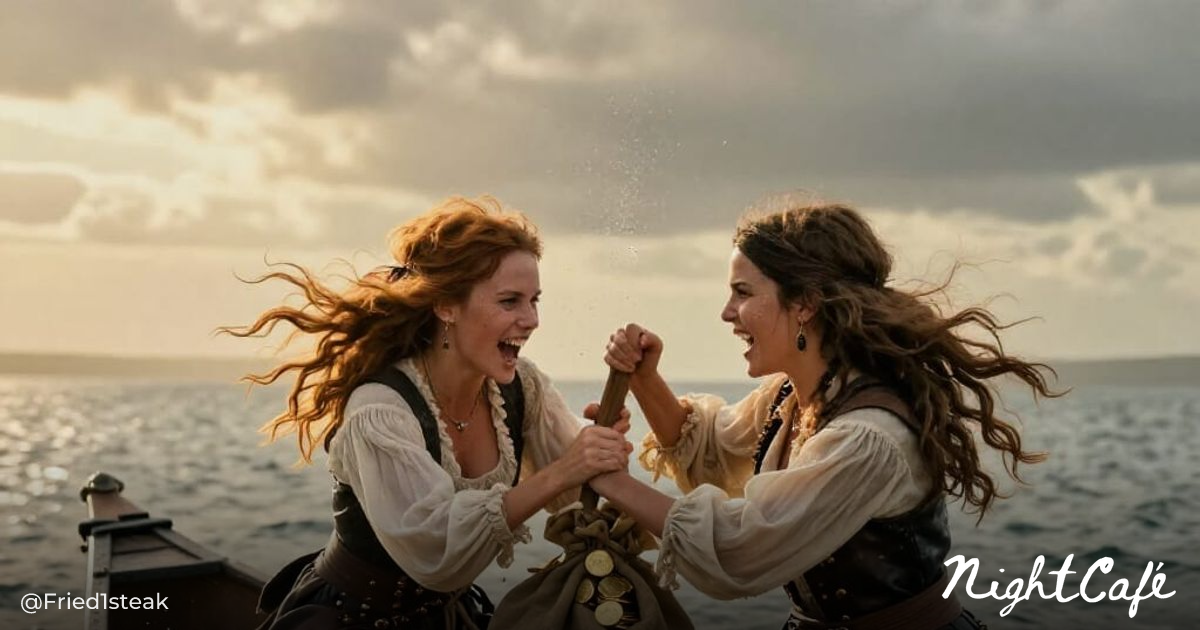 Sisters Fight Over Gold in Canoe, Hyper Realistic - AI Art