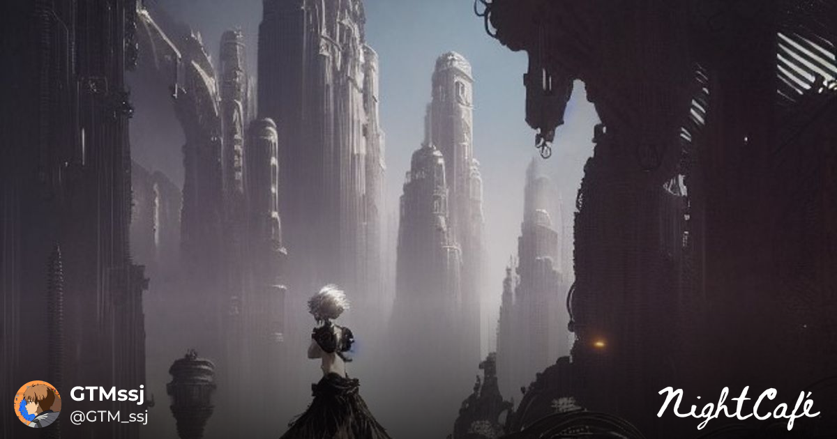 Landscape Metallic City Ruins, 2B from Nier:Automata, full-body, with a ...