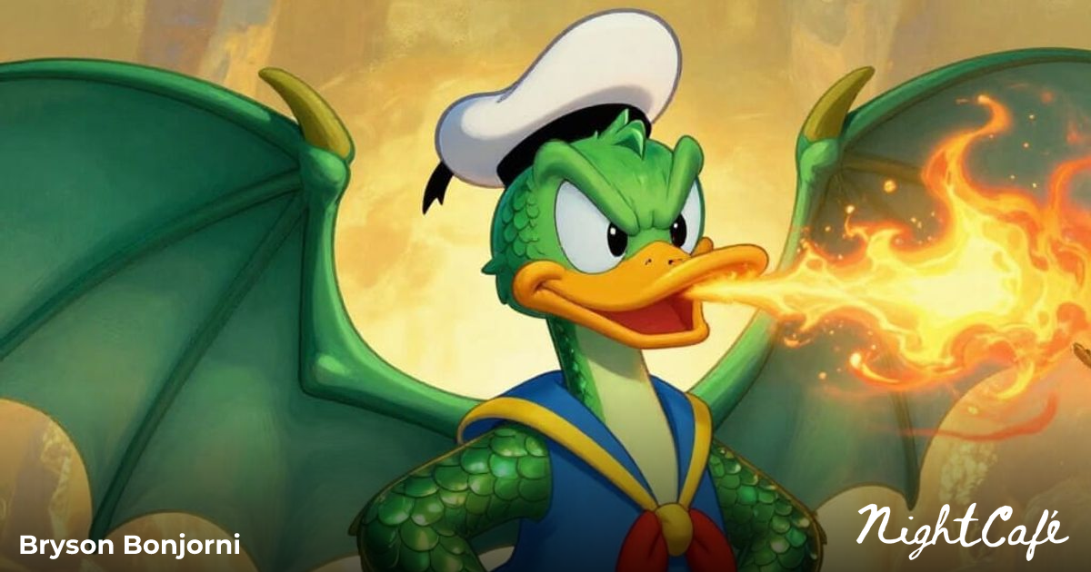 Donald Duck Reimagined as a Majestic Green Dragon - AI Art