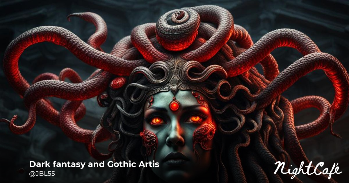 Photorealistic portrait of a majestic evil medusa goddess
