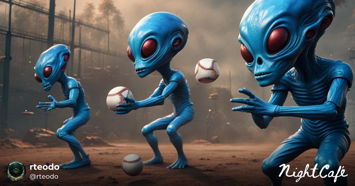 Blue Aliens Play Baseball: Detailed Matte Painting - AI Art